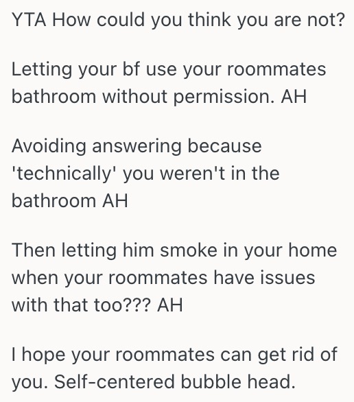 Roommate Found Cigarette Ash in Her Bathroom After Being Told No One ...
